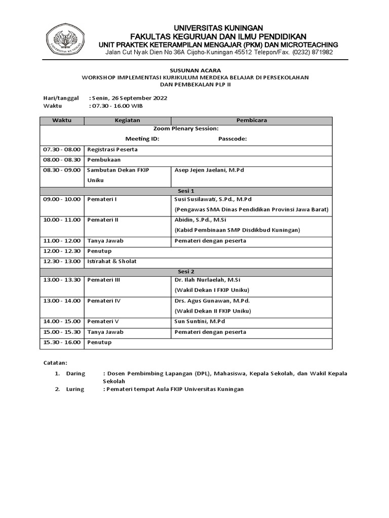 SUSUNAN ACARA WORKSHOP Implementasi Kurikulum Merdeka Belajar Di Persekolahan | PDF