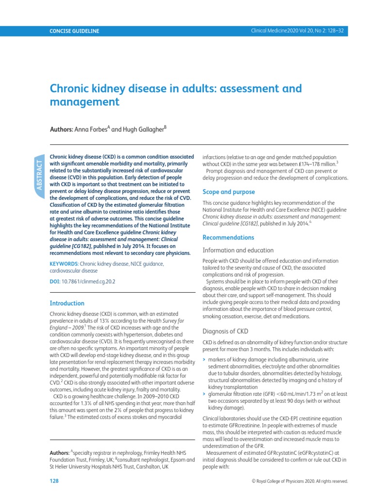 Chronic Kidney Disease In Adults Assessment And Management Download