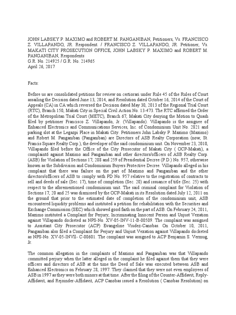 Maximo and Panganiban v. Villapando Case | PDF | Complaint | Prosecutor