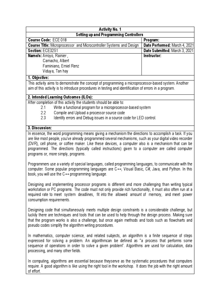 Activity No.1 Setting Up and Programming Controllers | PDF | Computer Programming | Algorithms