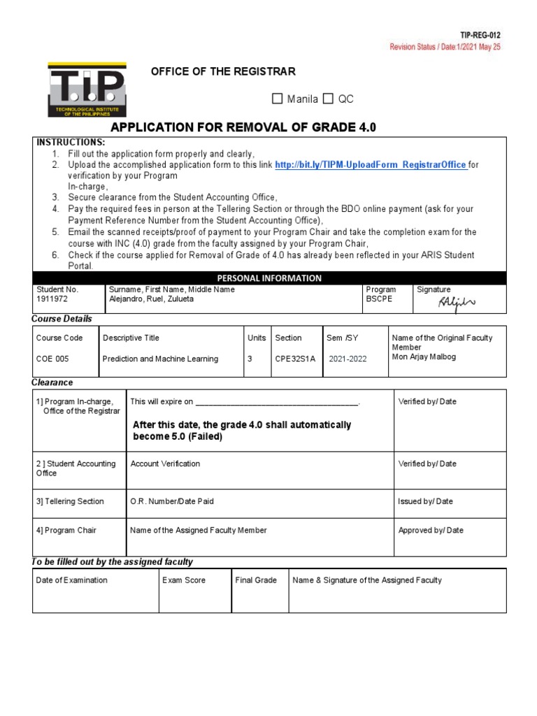 TIP-REG-012 AP For Removal of Grade 40 Form - Rev 25may2021 | PDF