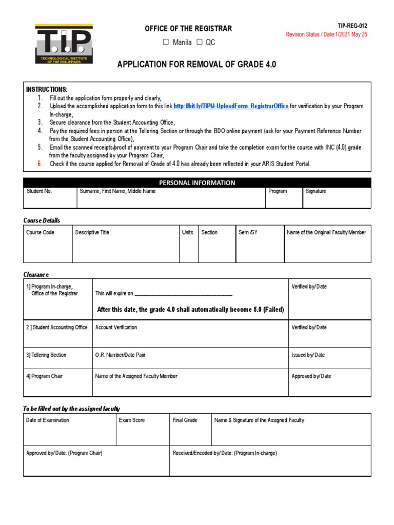 TIP-REG-012 AP For Removal of Grade 40 Form - Rev 25may2021 | PDF