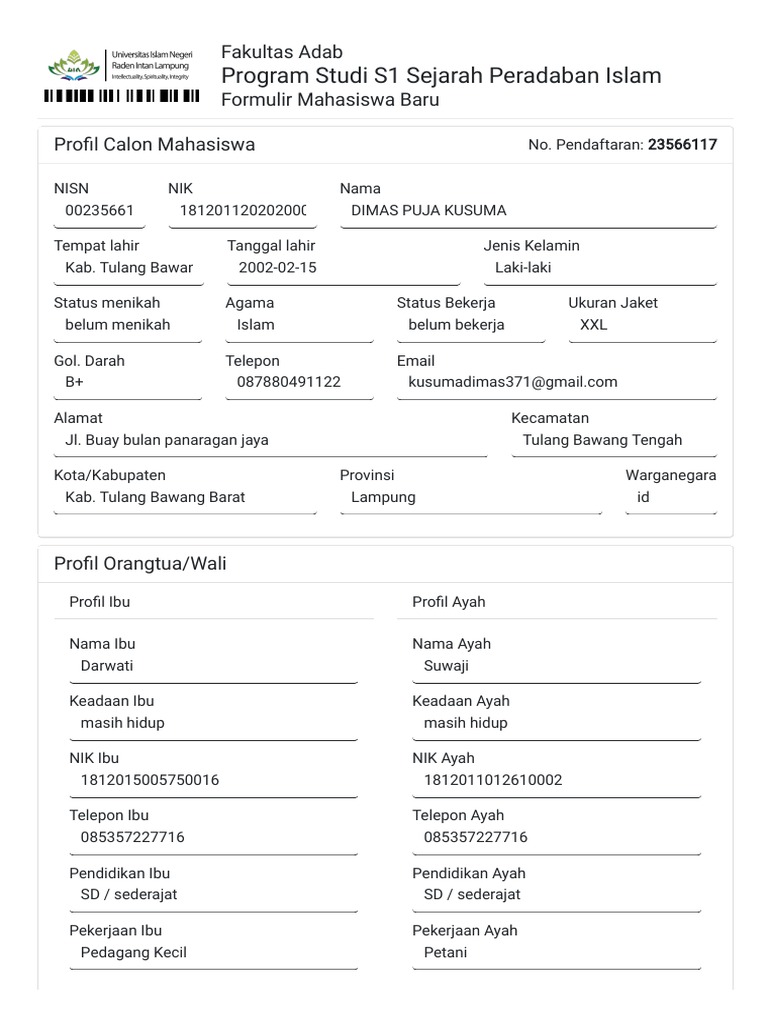 Cetak Formulir Pendaftaran DIMAS PUJA KUSUMA | PDF