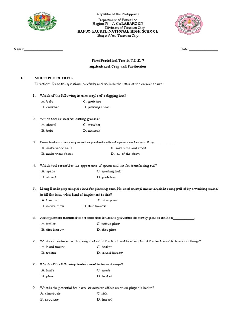 TLE 7 Agricultural Crop Test Guide | PDF | Occupational Safety And ...