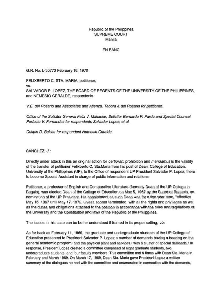UP Dean Transfer Case: Sta. Maria vs. Lopez | PDF | Due Process | Mandamus