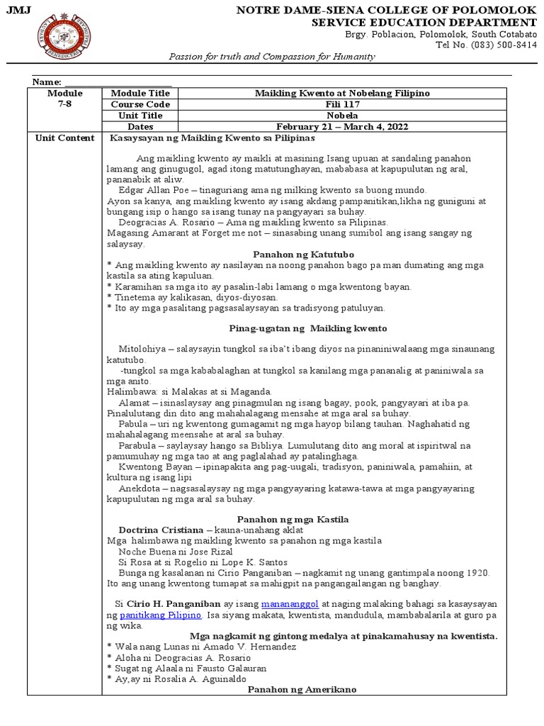 NDSCP - Module 7-8 For Maikling Kwento at Nobelang Filipino | PDF