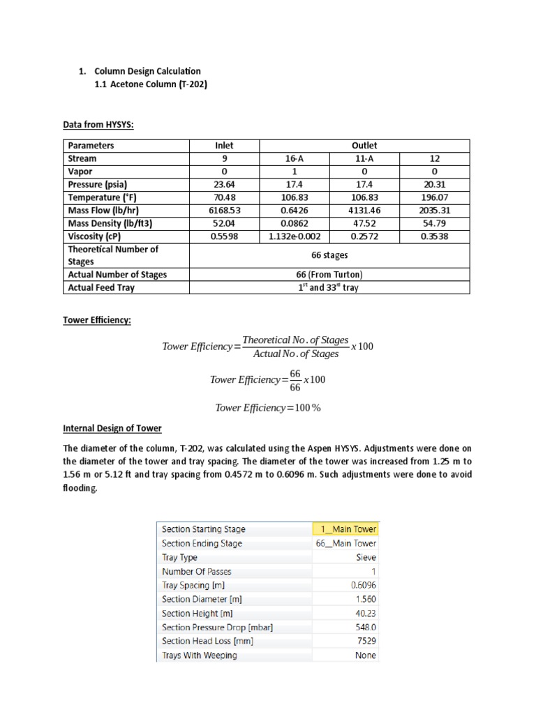 Acetone Column Design Overview | PDF | Pressure | Physical Sciences