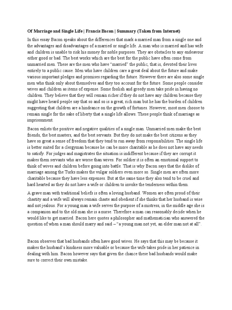 Bacon's Insights on Marriage vs. Single Life | PDF | Wife | Chastity