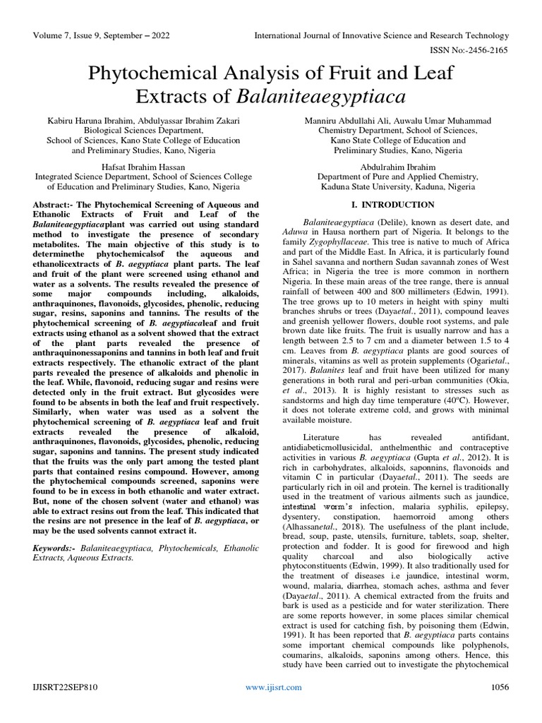 Phytochemical Analysis of Fruit and Leaf Extracts of Balaniteaegyptiaca | PDF | Polyphenol ...