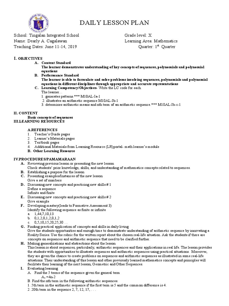 Grade X Math Lesson Plans on Sequences | PDF | Career & Growth