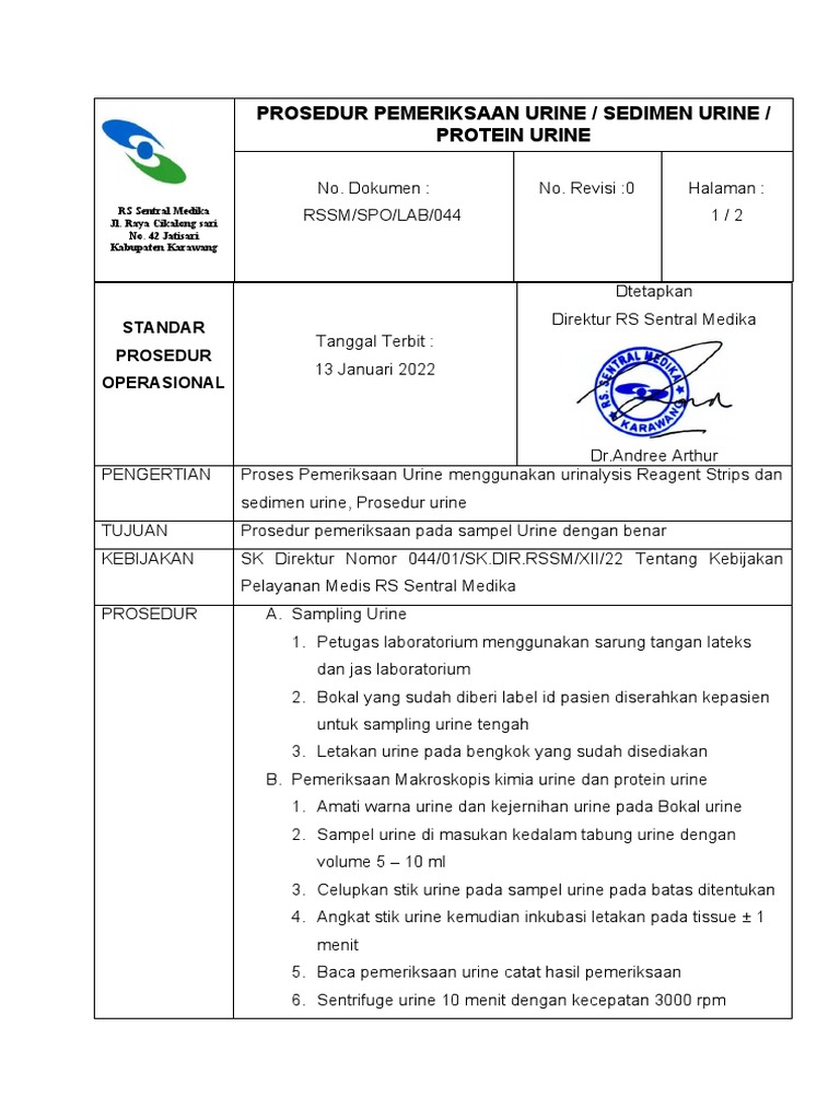 Prosedur Pemeriksaan Uriene, Sedimen Urine, Protein Urine | PDF Prosedur Pemeriksaan Uriene, Sedimen Urine, Protein Urine | PDF