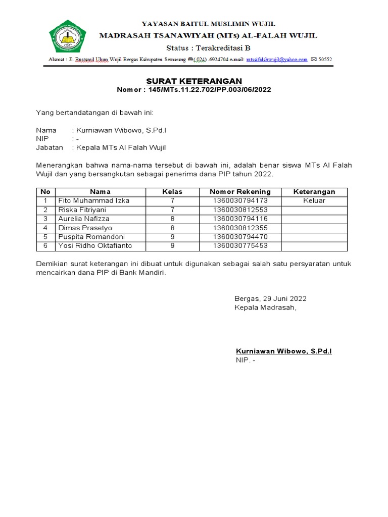 Surat Keterangan Pencairan PIP MTs Al Falah Wujil | PDF