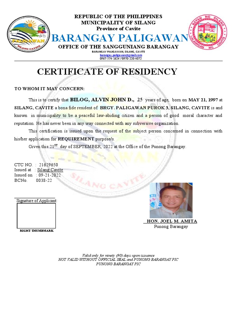 Barangay Paligawan: Certificate of Residency | PDF