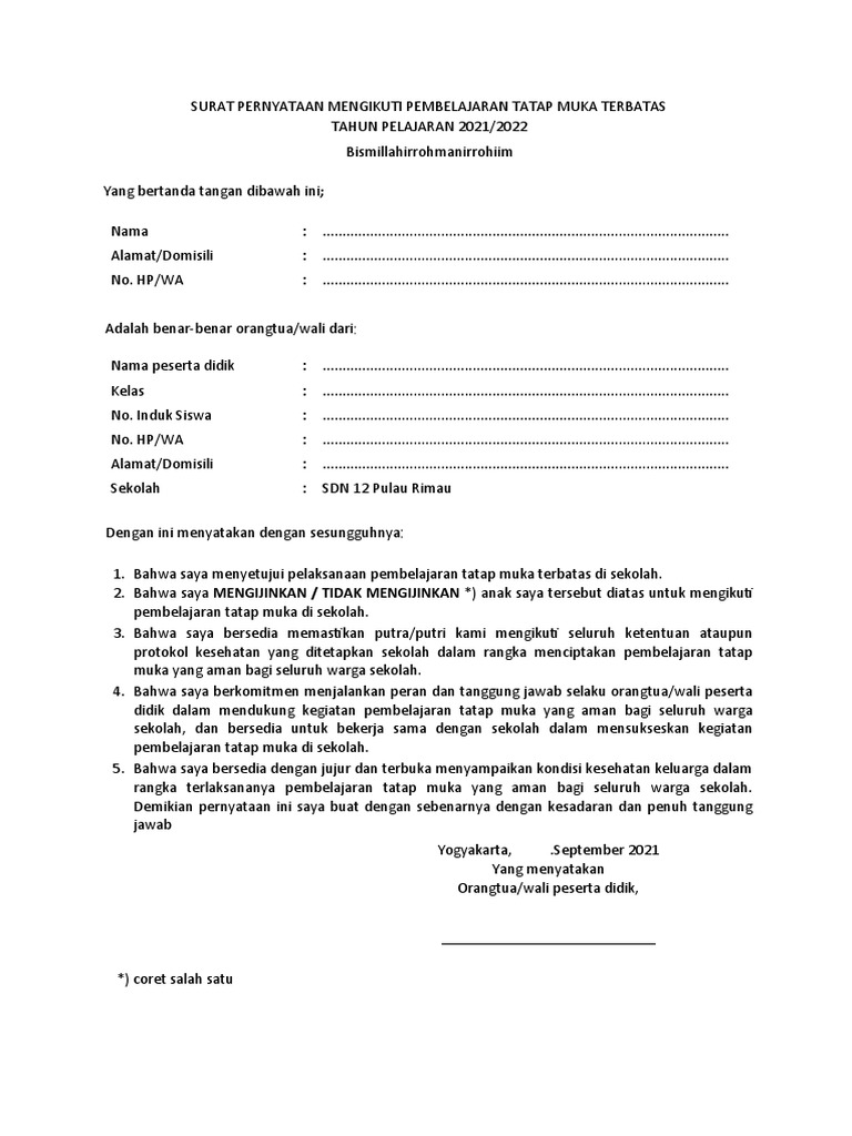Form Surat Izin Orang Tua Wali Mengikuti PTMT | PDF
