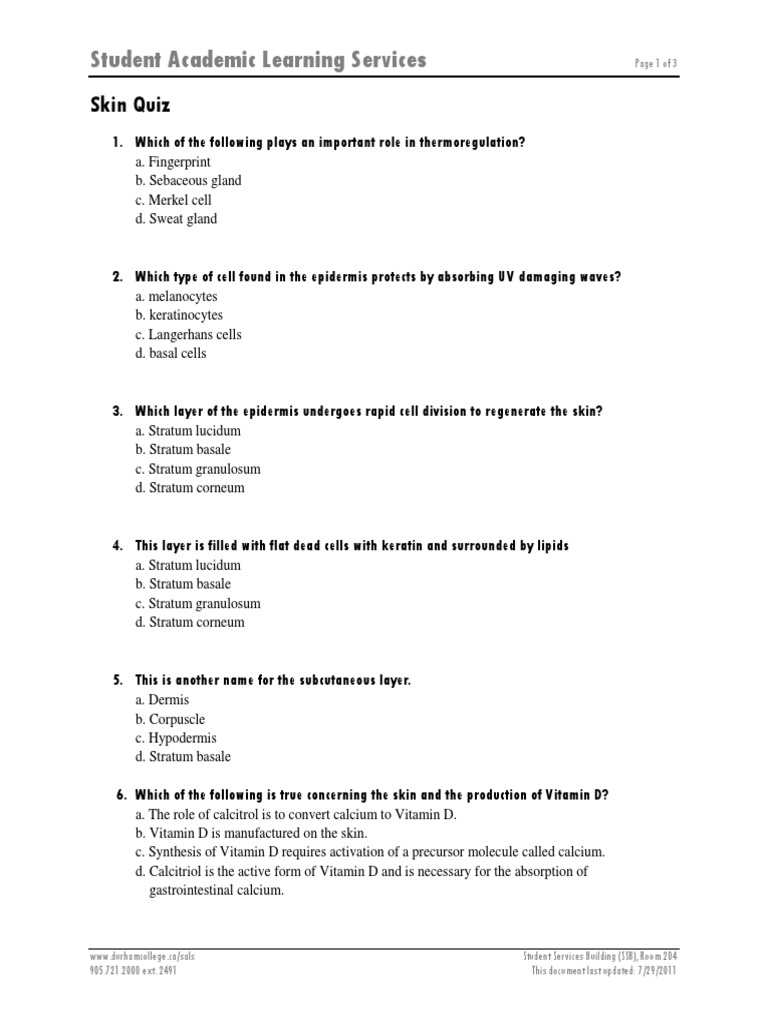 Skin System Quiz | PDF