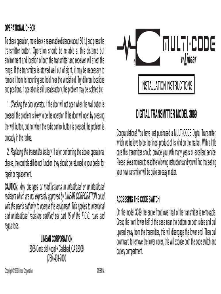 Multi-Code Remote Control 3089 Manual One Button | PDF | Transmitter ...