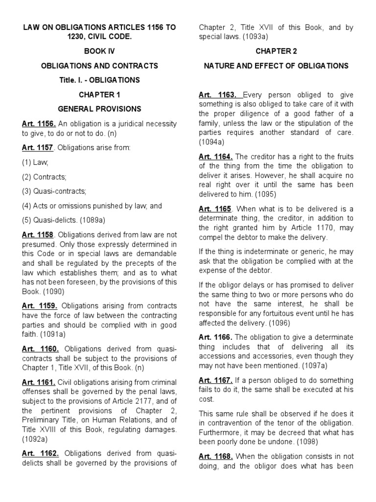 Law On Obligations Articles 1156 To 1230 Civil Code. | PDF ...