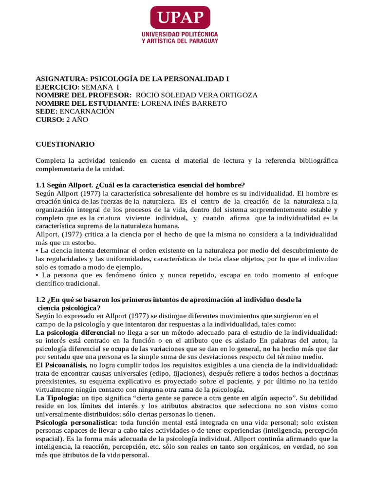 Tarea Semana 1 de Psicologia Personalidad 1 | PDF | Sicología | Psique ...