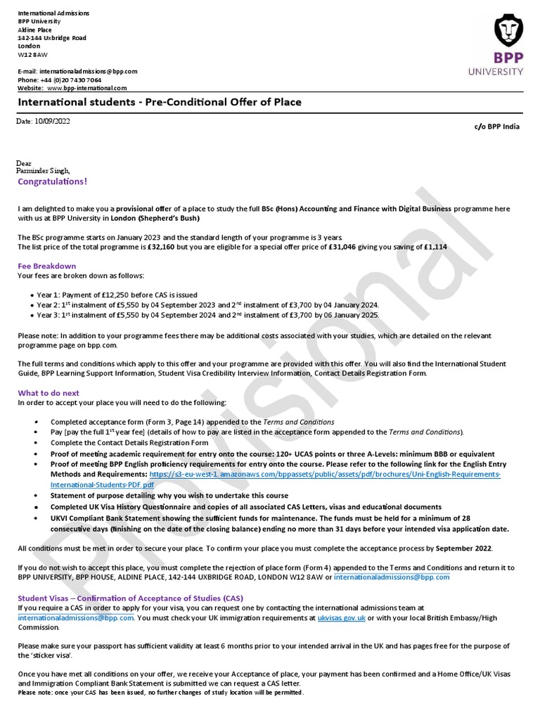 BPP University Provisional Offer Letter | PDF | Travel Visa