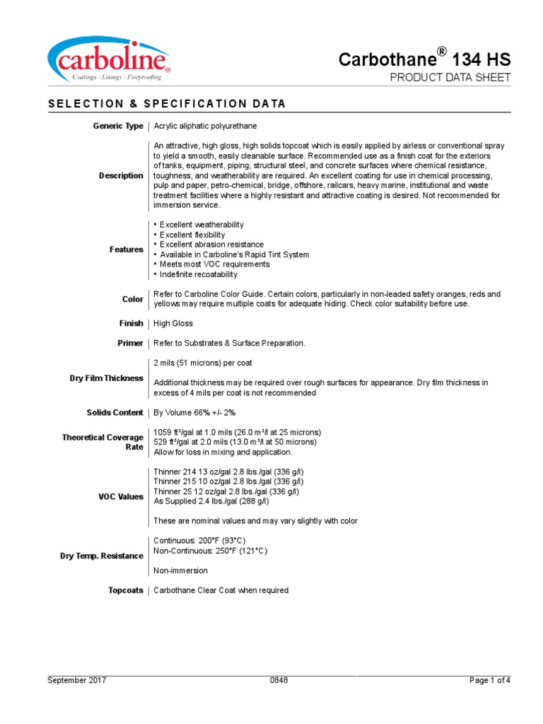 Carbothane 134 HS PDS | Download Free PDF | Paint | Materials