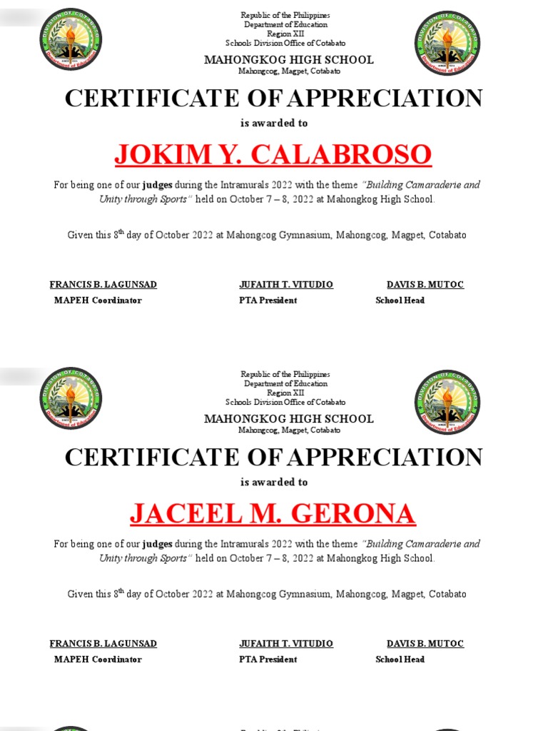Certificates - Intramurals 2022 | PDF