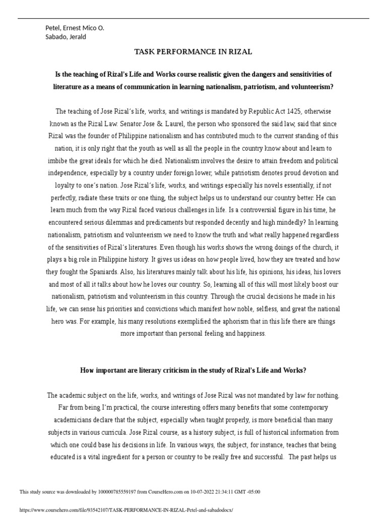 TASK PERFORMANCE IN RIZAL Petel and Sabado | PDF | Critical Thinking