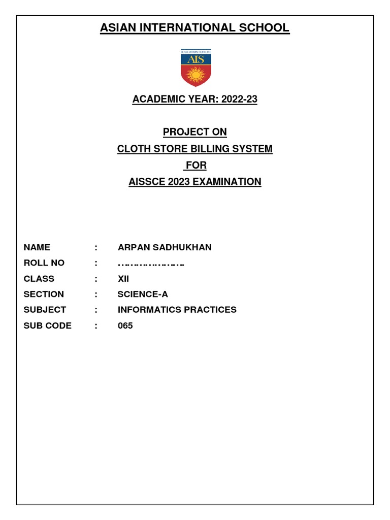Cloth Store Billing System Informatics Practices Project Class Xii Pdf Software Testing 
