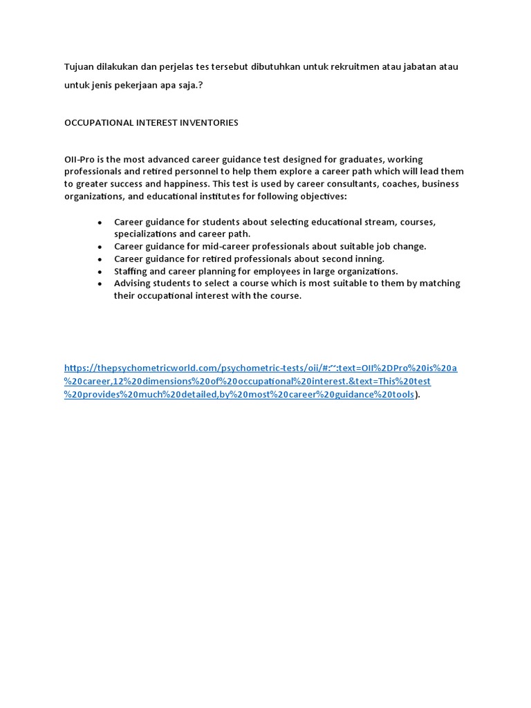 Tujuan Dilakukan Tes OCCUPATIONAL INTEREST INVENTORIES | PDF | Career ...