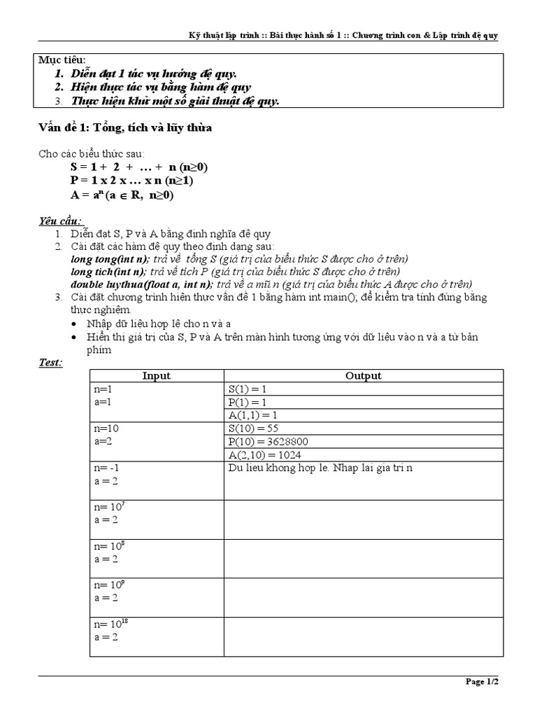 (Thuc Hanh) - Bai So 01 - Ky Thuat de Quy | PDF