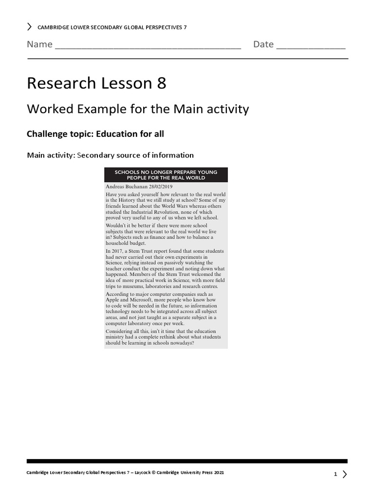 Research Lesson 8 Worked Example For The Main Activity | PDF | Science ...
