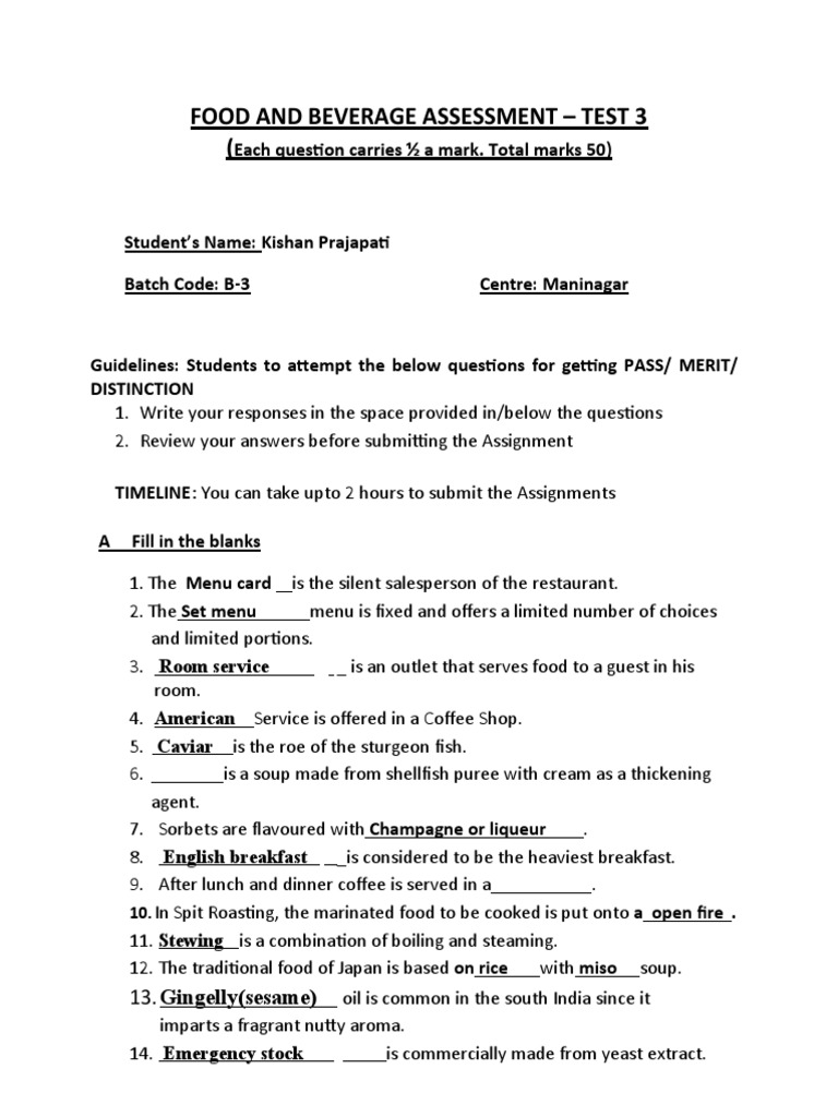 Food and Beverage Assessment Test | PDF | Sauce | Foods