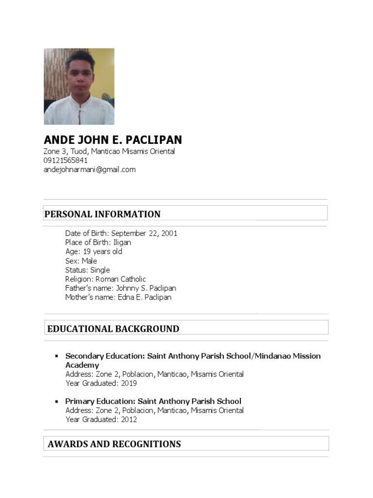 Ande John E. Paclipan: Personal Information | PDF | Wellness