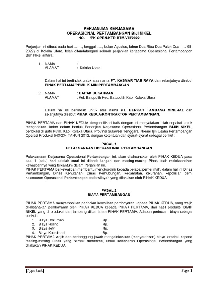 Perjanjian Kerjasama PT Kasmar & Pt. Berkah Tambang | PDF