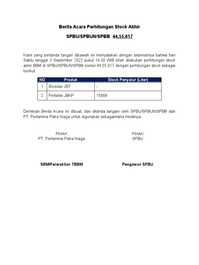 Format Berita Acara Perhitungan Stock Akhir Perubahan Harga | PDF ...