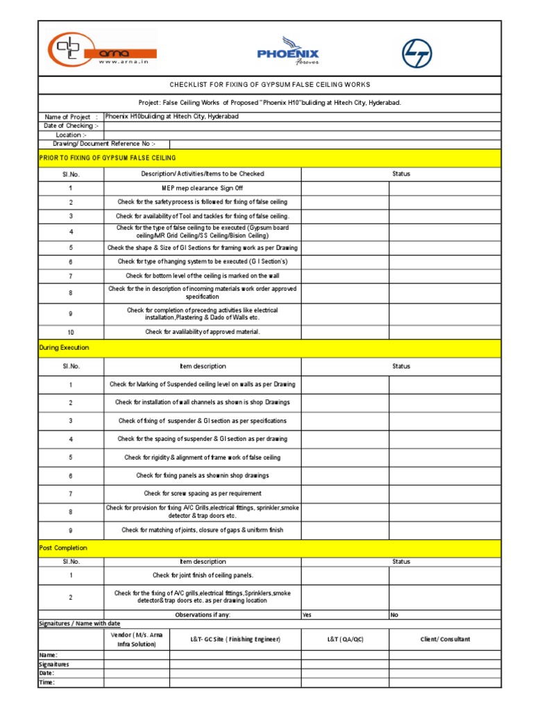 Gypsum Ceiling Checklist-R1 | PDF | Ceiling | Building Materials