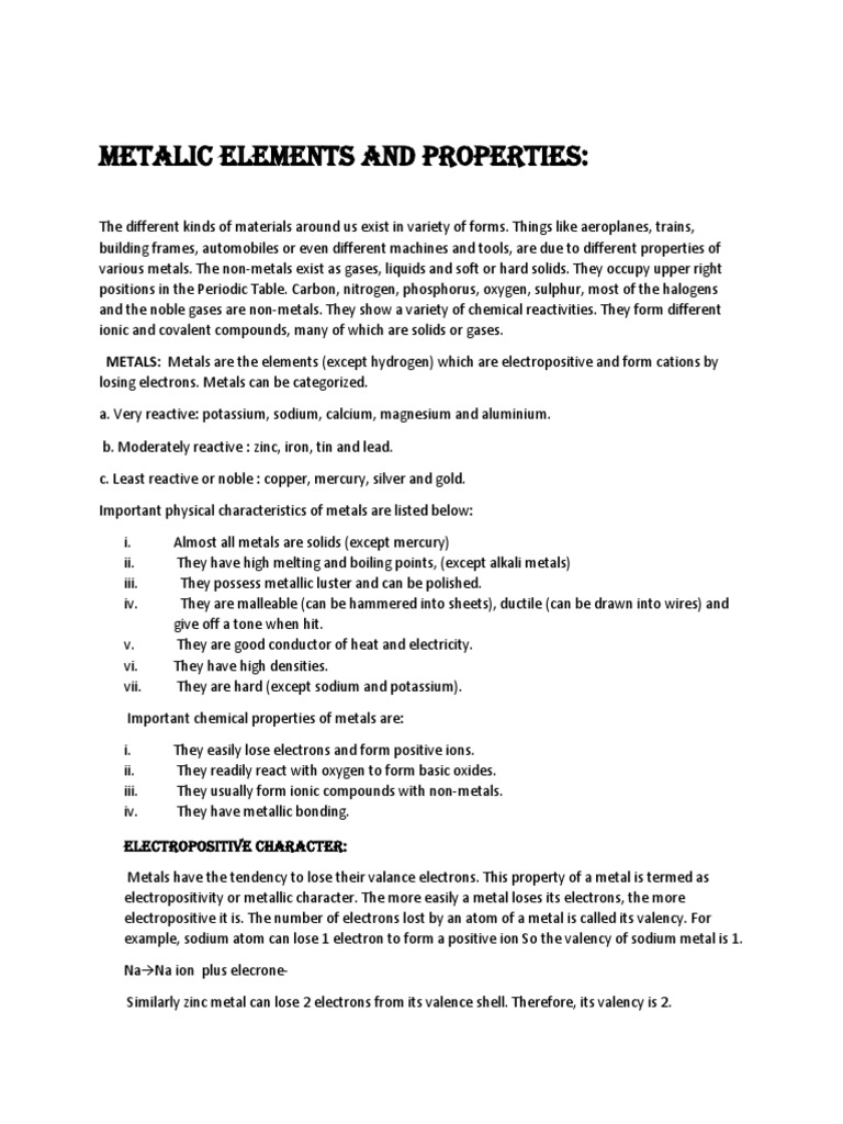 Metalic Elements and Properties | Download Free PDF | Ion | Metals