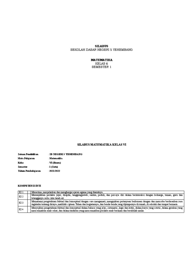 Silabus Matematika Kelas 6 Semester 1 | PDF