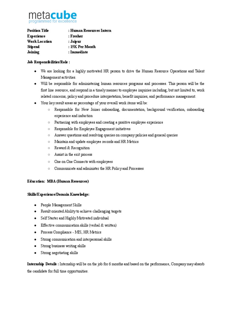 Job Description Hr Intern Pdf