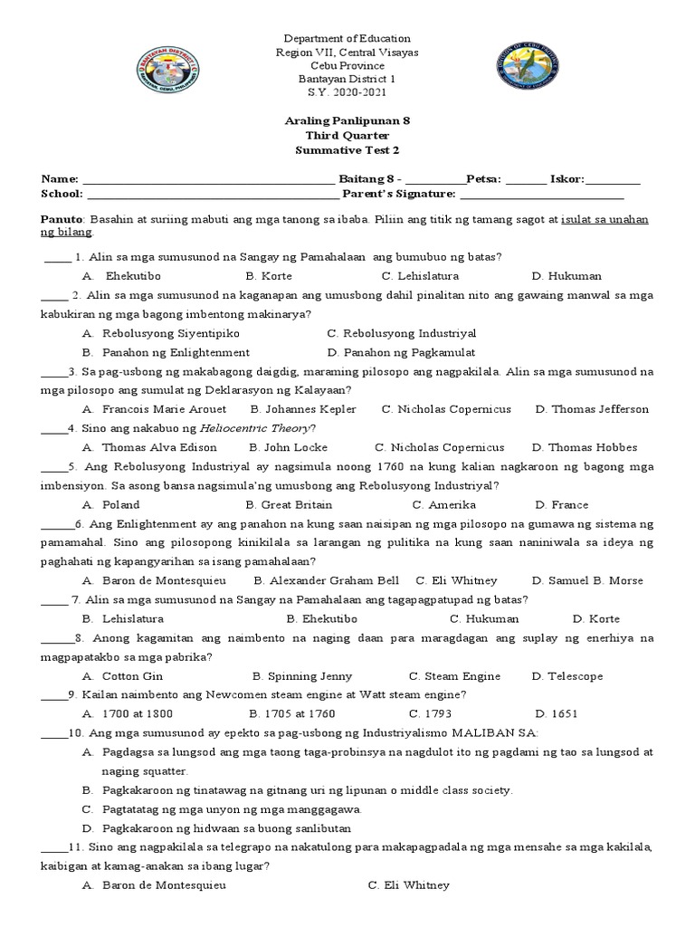 Araling Panlipunan - Summative Test 2 (4TH Quarter) | PDF
