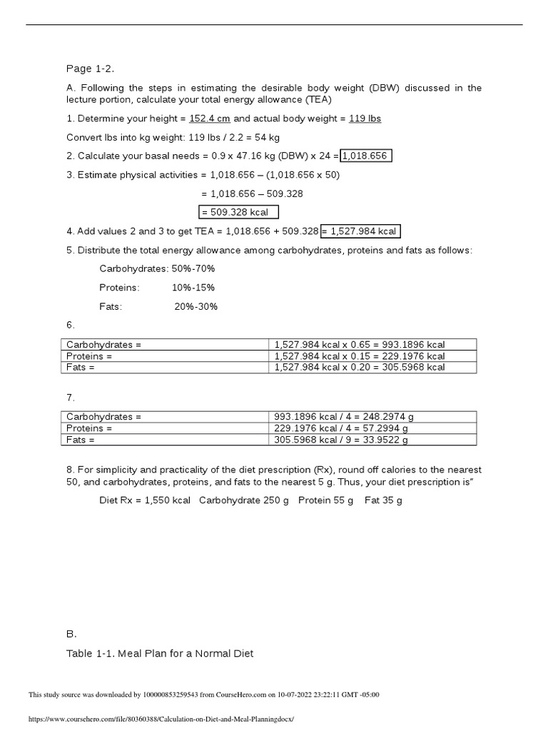 Diet Calculation and Meal Planning Guide | PDF | Calorie | Food Energy