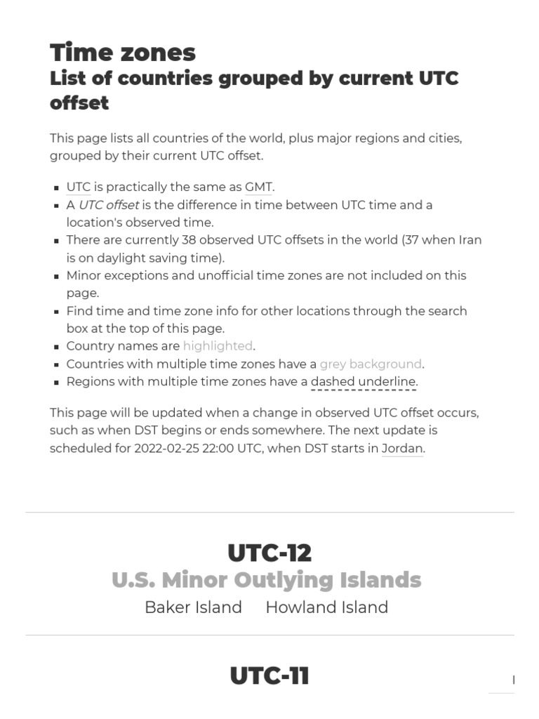Time Zones List Of Countries Grouped By Current UTC Offset PDF