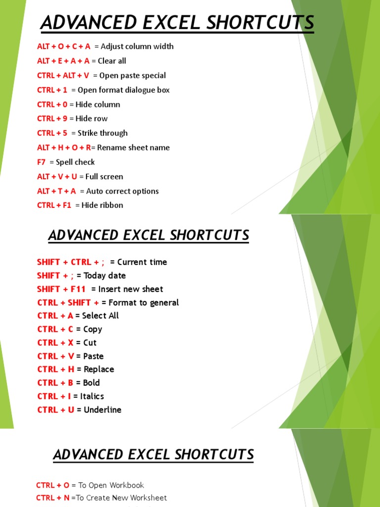 Advanced Excel Shortcuts | PDF | Microsoft Excel | Text