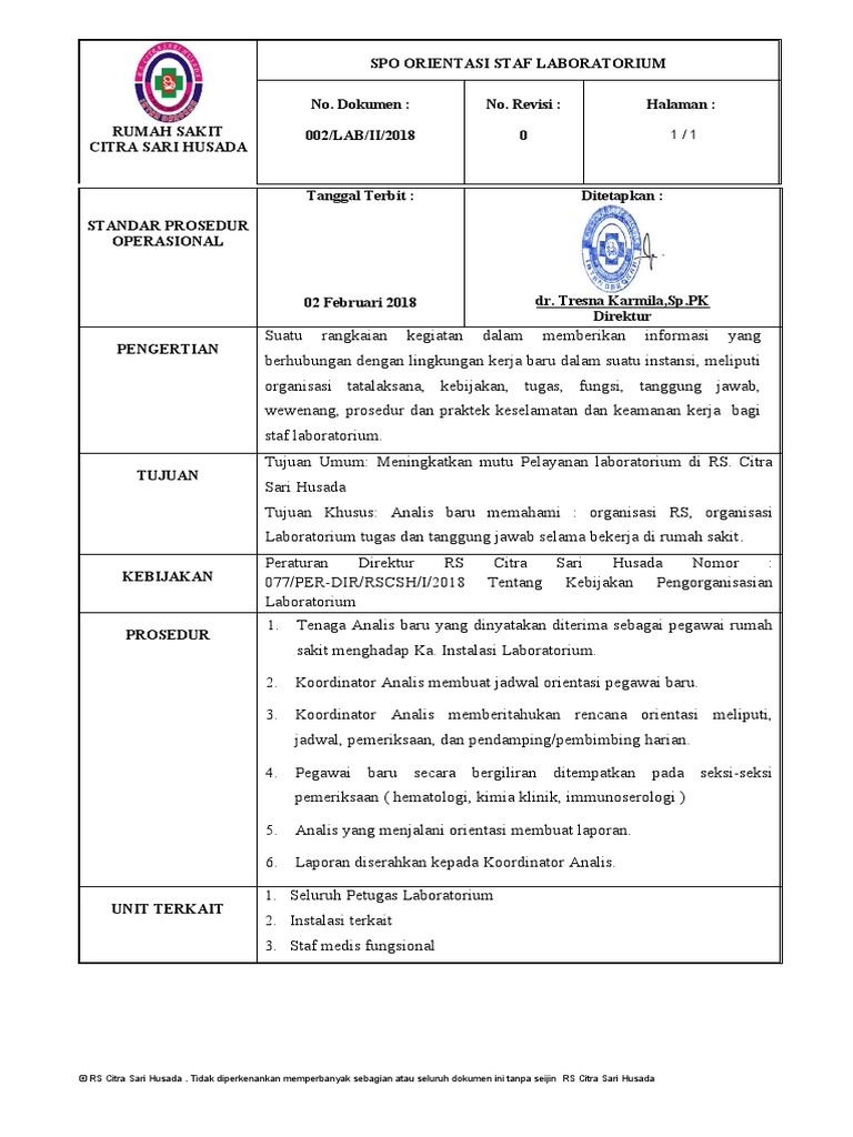 002 Spo Orientasi Staf Laboratorium | PDF
