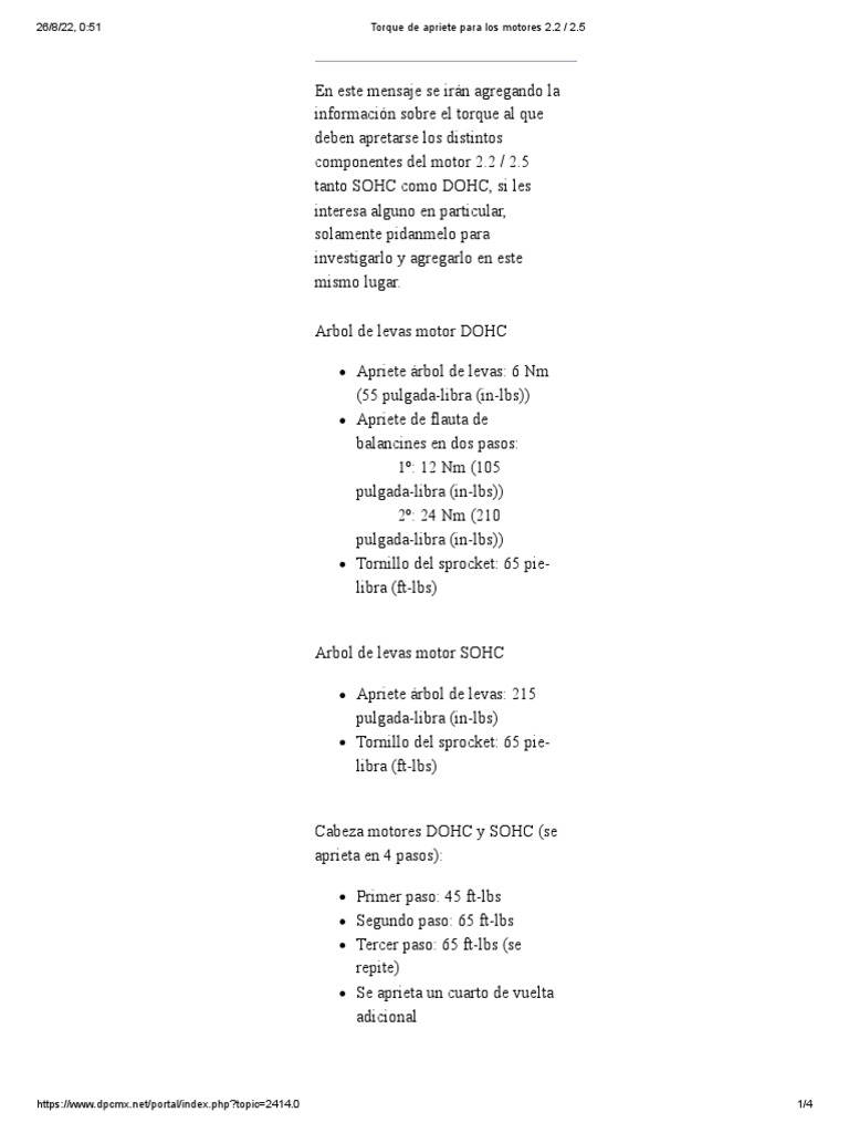 Torque de apriete recomendado para componentes clave de los motores 2.2 ...