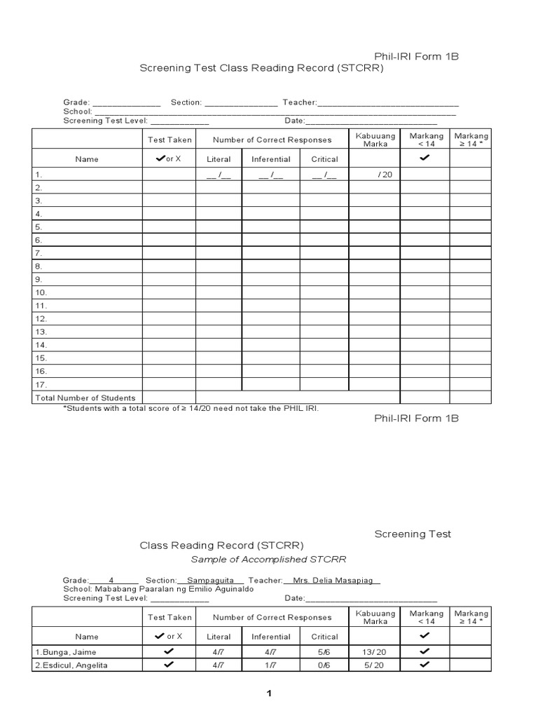 Phil-IRI Class Reading Record Form | PDF