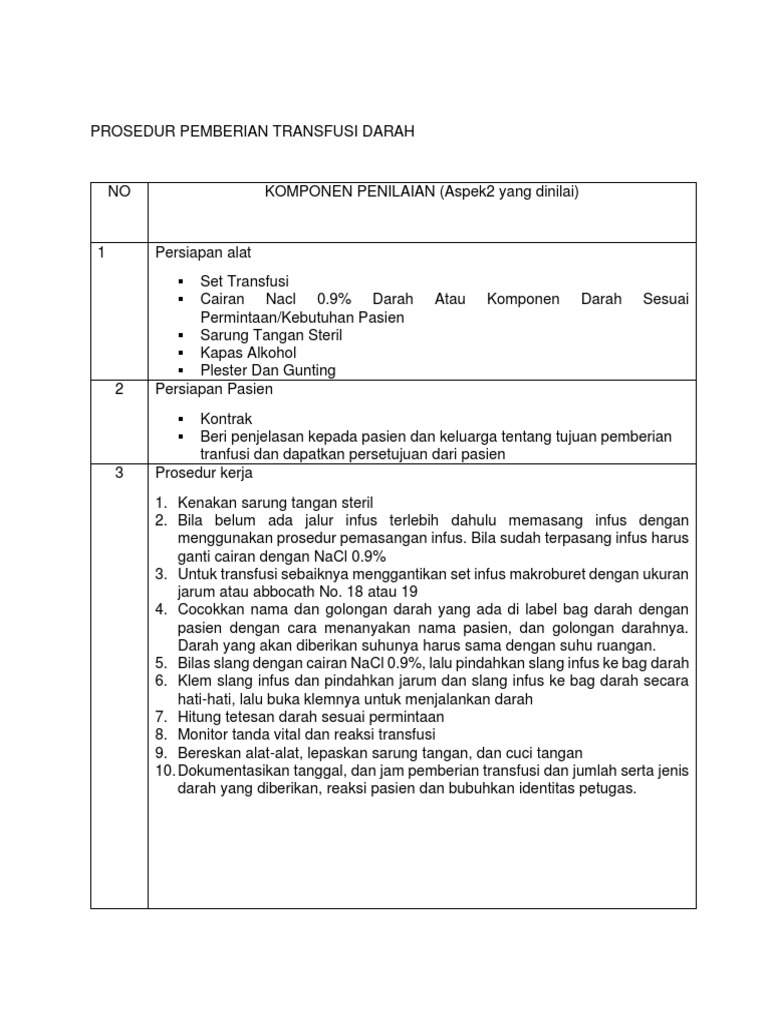 Sop Pemberian Transfusi Darah | PDF