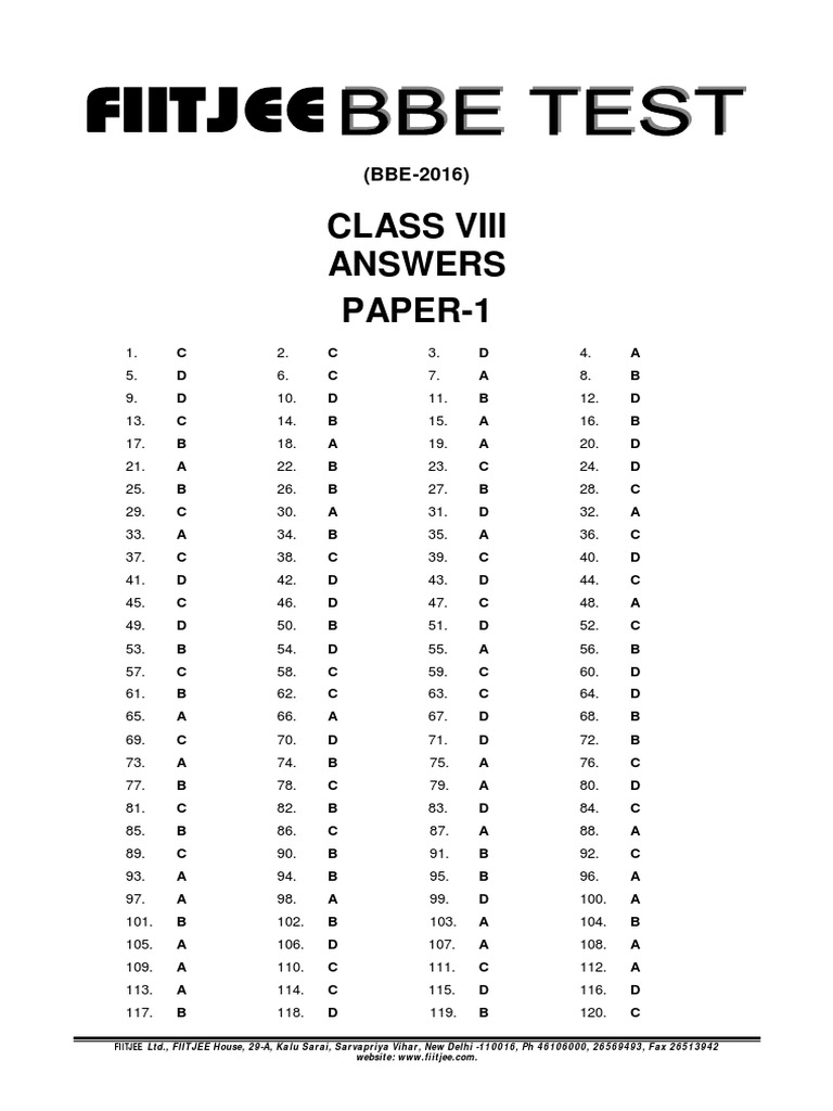 Class VIII Exam Answers for Paper 1 from BBE-2016 containing 120 ...