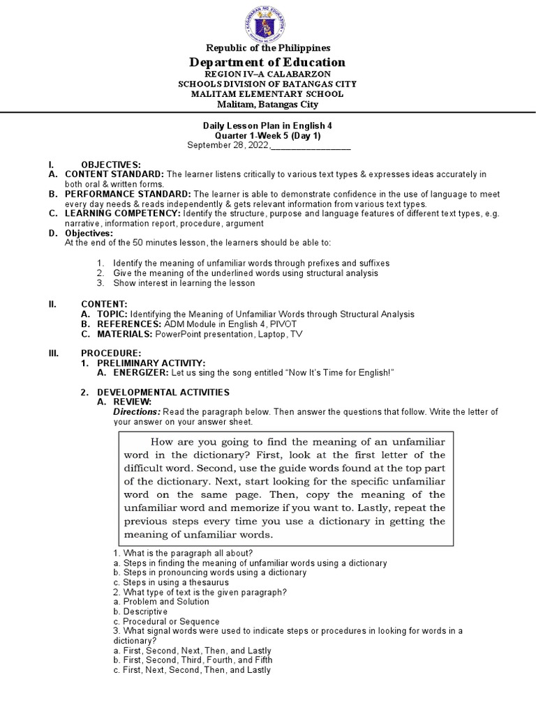 DLP in English 4 Week 6 Day 1 | PDF | Word | English Language