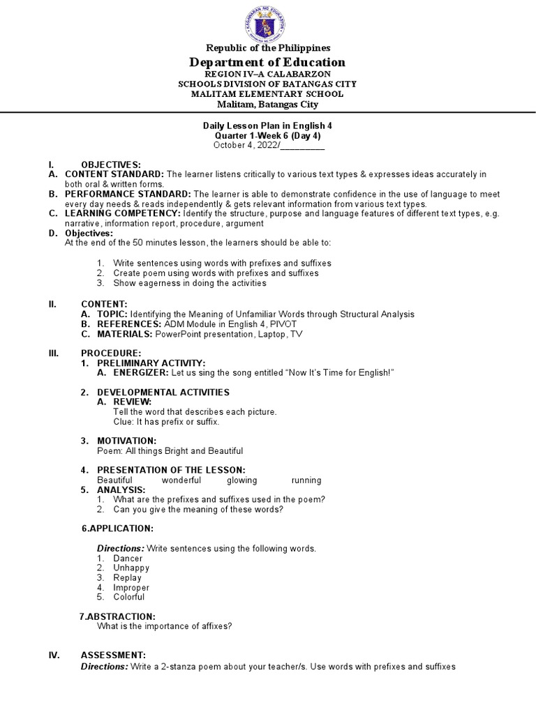 DLP in English 4 Week 6 Day 4 | PDF | English Language | Learning