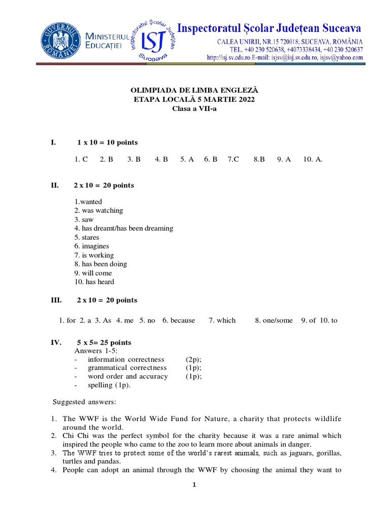 Olimpiada de Limba Engleză Etapa Locală 5 Martie 2022 Clasa A VII-a | PDF